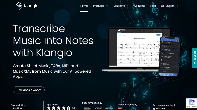 Klangio提供基于AI的音乐转录工具，可将音乐自动转换为乐谱、TAB谱、MIDI和MusicXML格式。-SOAI.IM