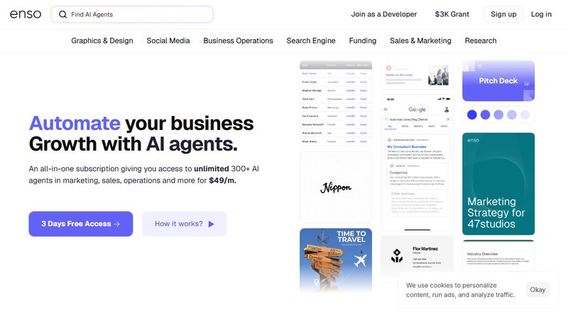 enso 是一个AI智能体市场，提供300+ AI智能体，涵盖营销、销售、运营等多个领域，帮助企业实现自动化增长。-SOAI.IM