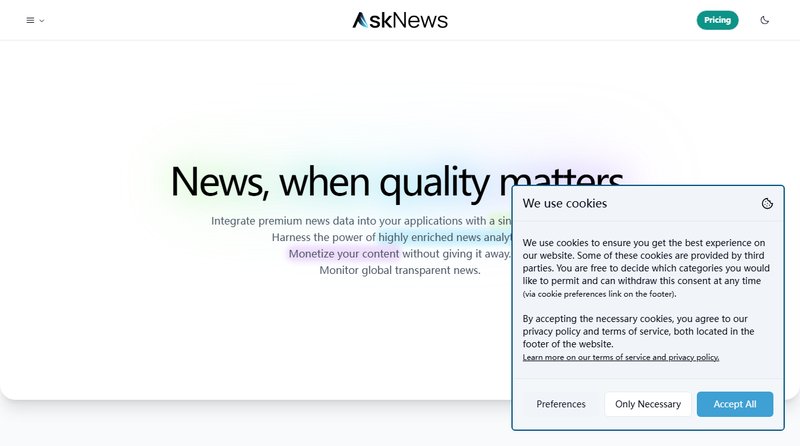 AskNews 提供高质量的新闻数据和分析工具，帮助用户集成新闻数据到应用程序中，并提供丰富的新闻分析和内容变现服务。-SOAI.IM