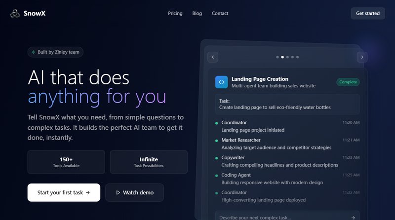SnowX是一个多智能体协作平台，能够根据用户需求自动组建AI团队完成各种任务-SOAI.IM