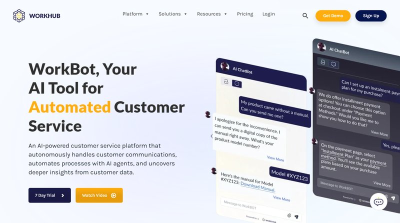 WorkHub是一个AI驱动的客户服务平台，提供自动化客户服务、数据洞察和知识管理等功能。-SOAI.IM