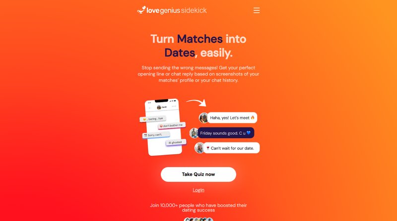 LoveGenius Sidekick是一款AI约会助手，帮助用户生成吸引人的开场白和聊天回复，提升约会成功率。-SOAI.IM