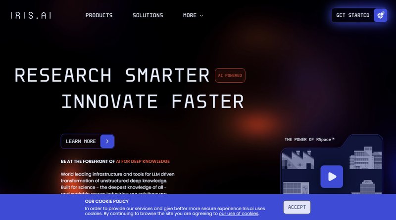 Iris.ai RSpace™ 是一个领先的AI研究平台，专注于深度知识管理，提供强大的研究工具和基础设施，帮助企业和研究团队加速创新和发现。-SOAI.IM