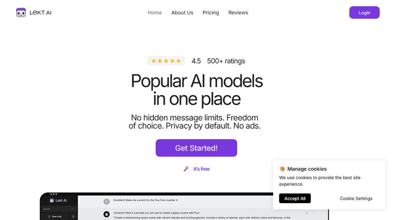 LEKT AI 是一个集成了多种领先 AI 模型的聊天助手平台，提供文本生成、代码分析、图像生成等功能，适用于教育、营销、设计等多个领域 ...