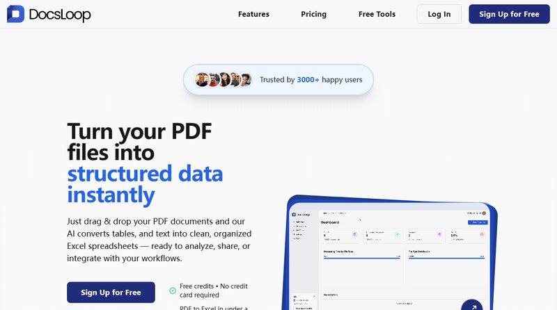 DocsLoop是一个将PDF文件转换为结构化数据的工具，帮助用户节省时间和成本。-SOAI.IM