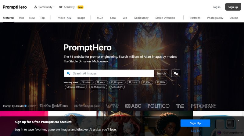 PromptHero是一个专注于AI艺术提示词分享和搜索的平台，提供Stable Diffusion、Midjourney等AI模型的提示词资源。-SOAI.IM