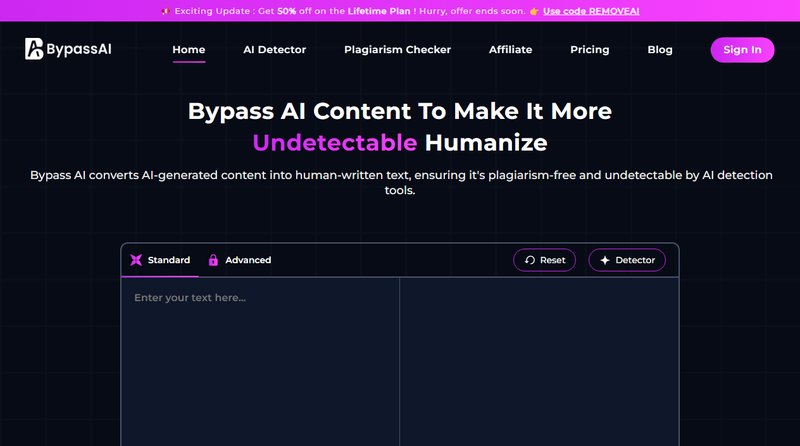 Bypass AI 提供将AI生成内容转换为人类书写文本的服务，确保内容不被AI检测工具识别，并保持原创性。-SOAI.IM