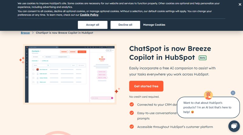 Breeze Copilot是HubSpot的AI助手，旨在提升工作效率，帮助用户在各种任务中快速执行操作。-SOAI.IM