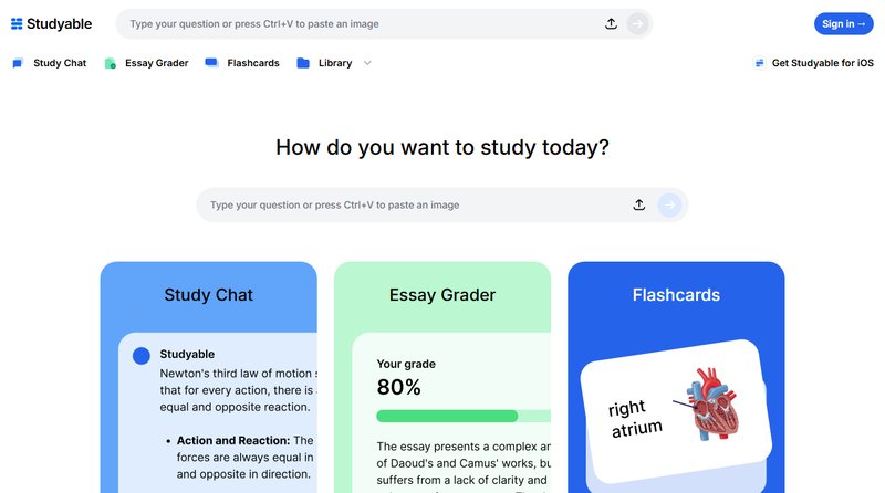 Studyable 是一个提供免费AI作业帮助和闪卡学习工具的教育平台。-SOAI.IM