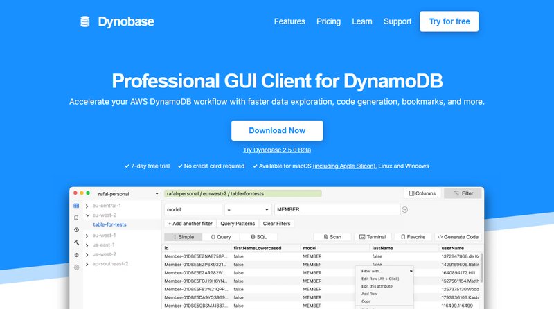 Dynobase是一款专业的DynamoDB图形用户界面客户端，旨在加速AWS DynamoDB的工作流程，提供更快的数据探索、代码生成、书签等功能。-SOAI.IM