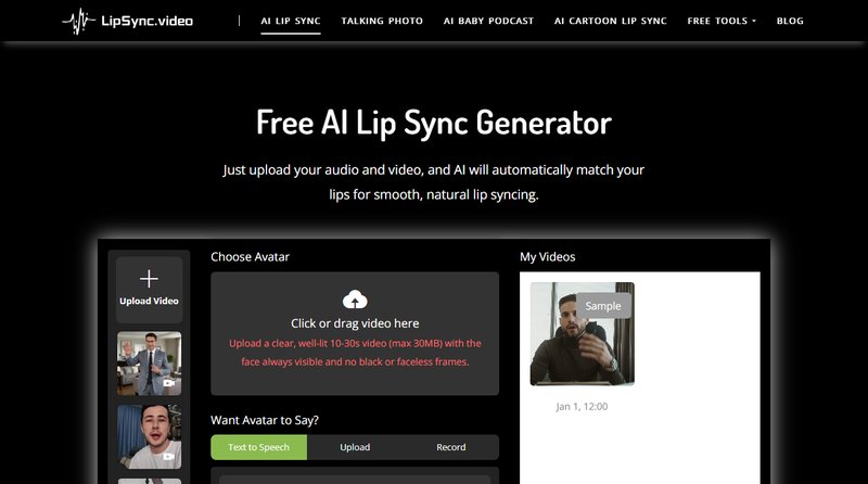 LipSync是一个免费的在线AI唇形同步视频工具，无需注册即可使用。它提供多种AI唇形同步功能，包括照片转视频、宠物唇形同步、卡通唇形同步等。-SOAI.IM