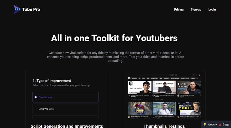 TubePro是一款专为YouTube创作者设计的一体化工具包，提供脚本生成、改进、缩略图测试等功能。-SOAI.IM