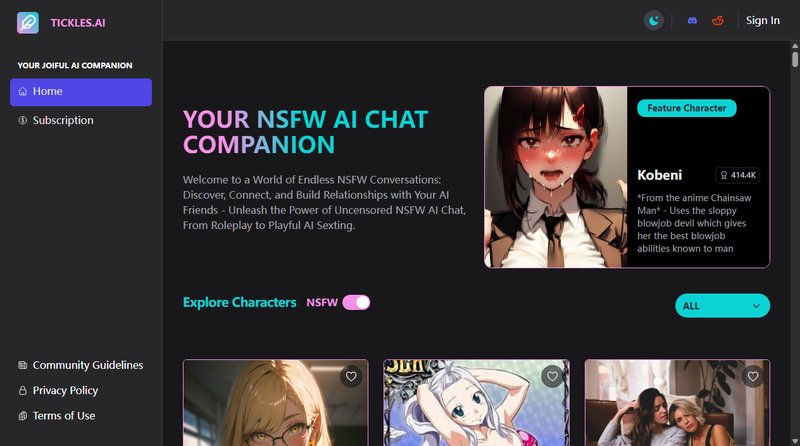 Tickles.ai 是一个提供NSFW AI聊天伴侣的平台，用户可以在这里进行无限制的NSFW对话，探索角色扮演和AI调情等功能。-SOAI.IM