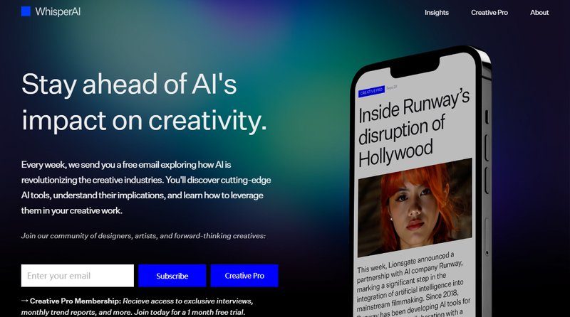 WhisperAI专注于探索人工智能如何改变创意产业，提供每周免费邮件、独家访谈和月度趋势报告。-SOAI.IM