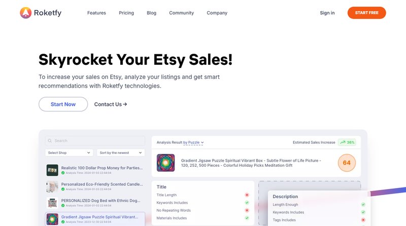 Roketfy是一个AI驱动的销售助推器，为Etsy卖家提供智能工具和实时数据，帮助他们提高销售额。-SOAI.IM