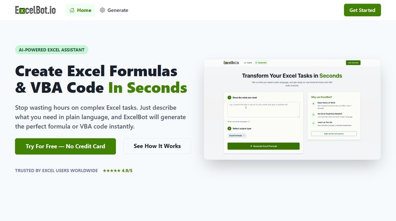 ExcelBot是一个AI驱动的Excel公式和VBA代码生成器，帮助用户快速生成复杂的Excel公式和VBA代码。-SOAI.IM