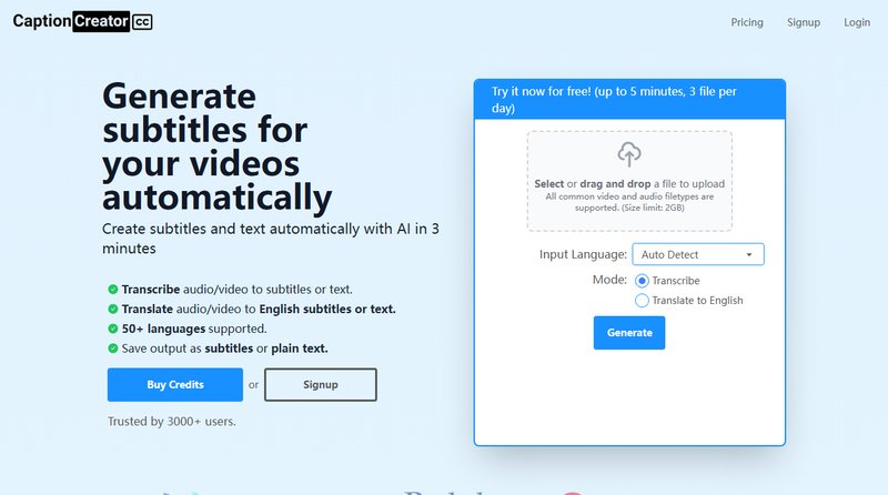 CaptionCreator是一个在线AI字幕生成器，支持自动生成字幕和文本，支持50多种语言，并提供翻译功能。-SOAI.IM