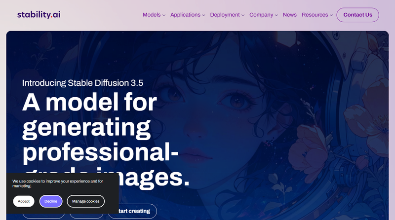 Stability AI 提供图像、视频、3D 和音频生成工具，支持自托管和云端部署，适用于多种创意和商业应用。-SOAI.IM