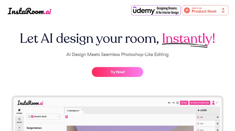 InstaRoom 是一个基于人工智能的即时室内装饰平台，提供无缝的Photoshop式编辑功能，帮助用户快速设计房间。-SOAI.IM