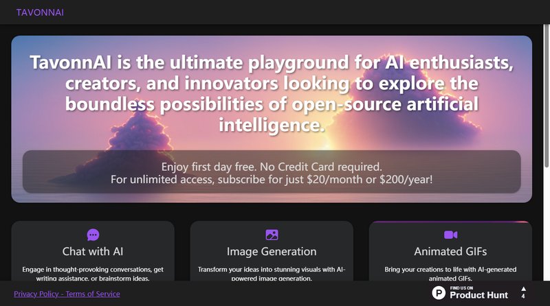 TavonnAI是一个为AI爱好者、创作者和创新者提供的开源人工智能平台，提供聊天、图像生成和动画GIF创建等功能。-SOAI.IM