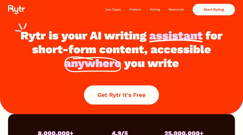 Rytr是一款AI写作助手，专注于短篇内容创作，提供40多种内容用例和模板，帮助用户快速生成高质量、原创的文本内容。-SOAI.IM