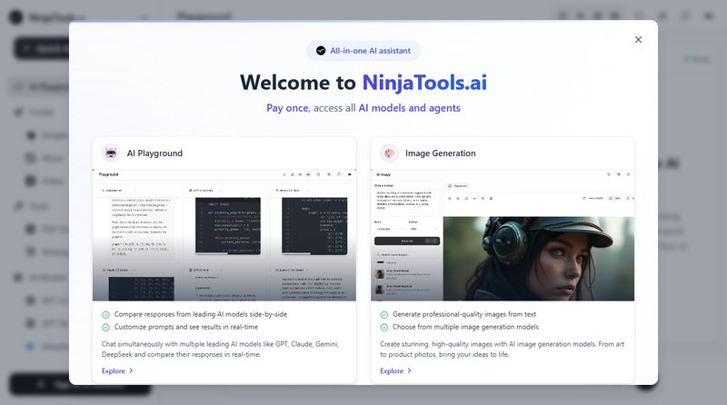 NinjaTools是一个多功能的AI工作空间，提供多种AI模型和工具，帮助用户进行内容创作、文档处理、图像和视频生成等任务。-SOAI.IM