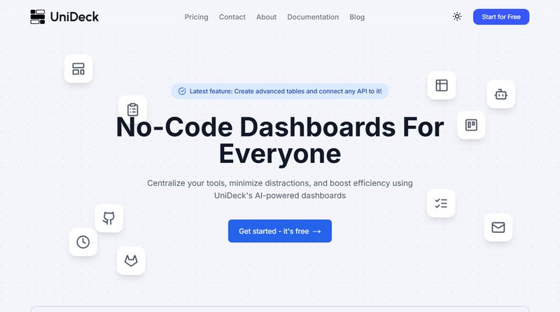 UniDeck提供AI驱动的无代码仪表板，帮助用户集中工具、减少干扰并提高效率。-SOAI.IM