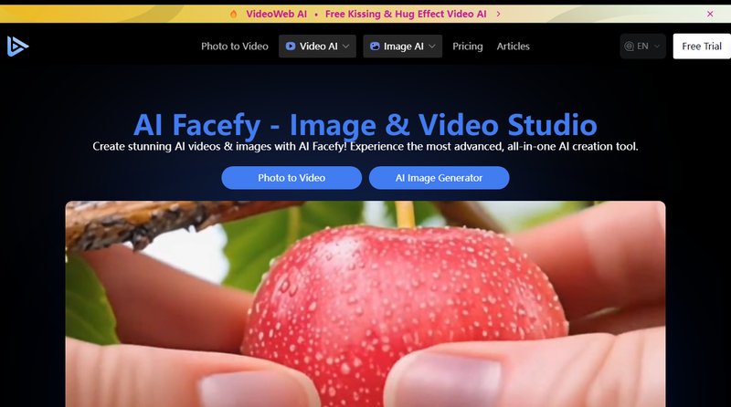 AI Facefy 是一个先进的AI图像和视频生成工具，提供多种创意功能，如照片转视频、AI图像生成、AI亲吻效果等。-SOAI.IM