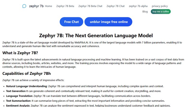Zephyr 7B 是一个拥有70亿参数的最新一代语言模型，具备自然语言理解、文本生成、语言翻译、文本摘要、情感分析和问答等多种功能。-SOAI.IM