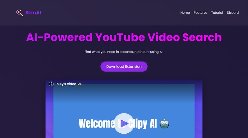 SkmAI是一款AI驱动的YouTube视频搜索工具，帮助用户快速找到视频中的相关内容。-SOAI.IM