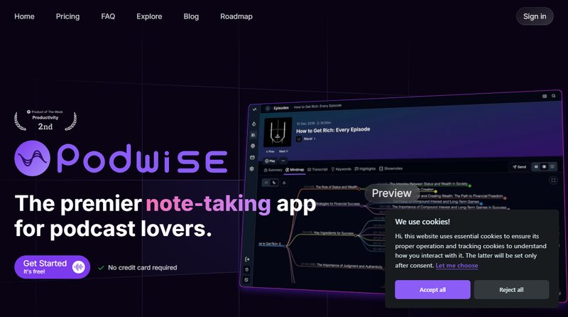 Podwise 是一个专为播客爱好者设计的笔记应用，通过AI技术快速提取播客内容精华，帮助用户高效管理和学习播客知识。-SOAI.IM