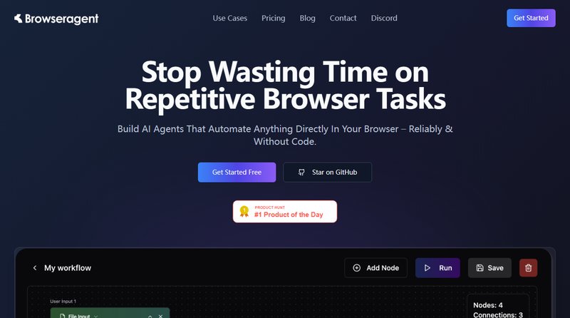 Browseragent是一个基于浏览器的AI代理工具，无需代码即可自动化浏览器任务，提供可靠且经济高效的自动化解决方案。-SOAI.IM