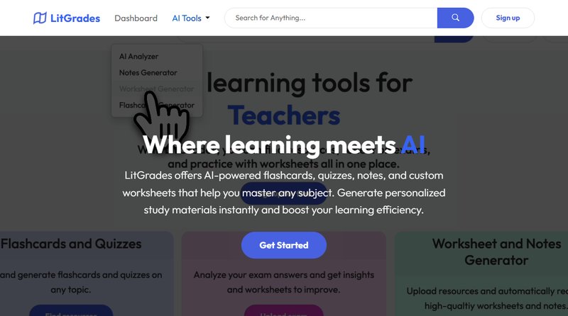 LitGrades提供AI驱动的学习工具，包括闪卡、测验、笔记和自定义工作表，帮助用户高效掌握任何学科。-SOAI.IM