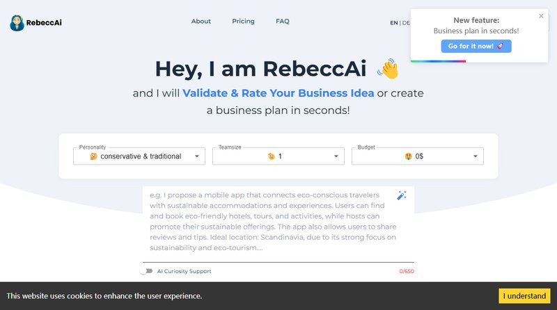 RebeccAi是一个AI驱动的商业创意评估和验证工具，帮助用户快速评估、改进和验证商业创意，并生成商业计划。-SOAI.IM