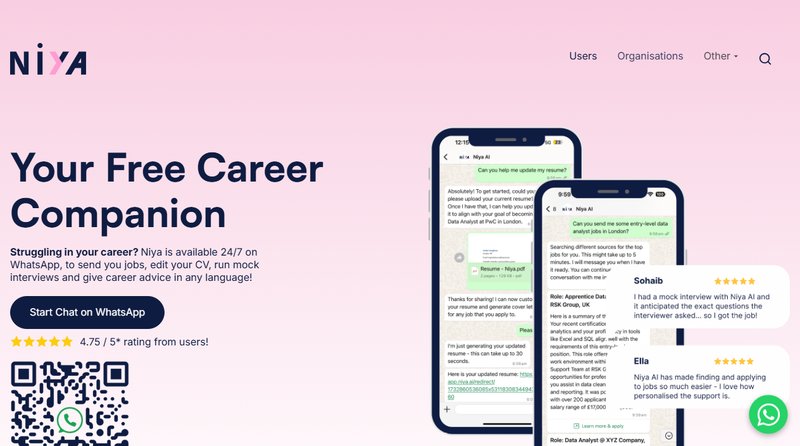 Niya是一个免费的WhatsApp职业助手，提供求职、简历编辑、模拟面试和职业建议等服务。-SOAI.IM