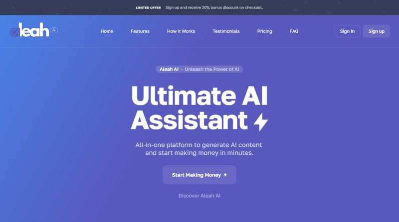 Aleah AI 是一个多功能AI生成平台，提供文本、图像、代码生成以及聊天助手等功能，帮助用户快速创建内容并实现盈利。-SOAI.IM