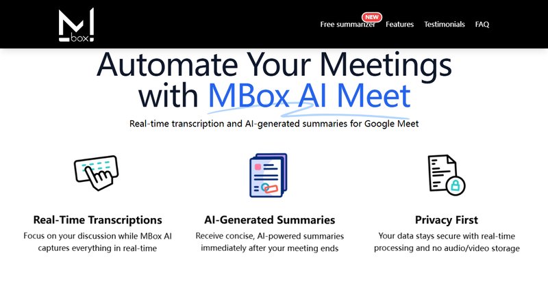 MBox AI Meet 是一款为 Google Meet 提供实时转录和 AI 生成会议摘要的免费工具，帮助用户提高会议效率和隐私保护。-SOAI.IM