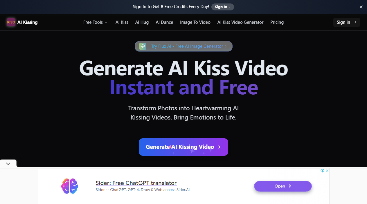AI Kissing 是一个利用先进AI技术将静态照片转化为10秒亲吻视频的平台，提供快速、高质量的视频生成服务。-SOAI.IM