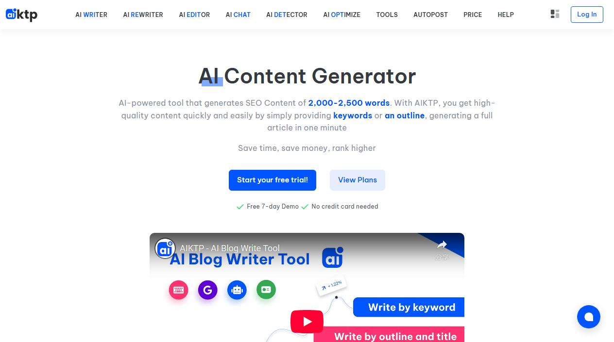 AIKTP是一个AI驱动的SEO内容生成工具，能够快速生成高质量的长篇文章，支持多种内容创作方式，并提供SEO优化功能。-SOAI.IM