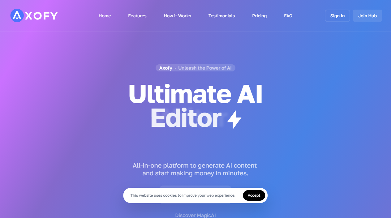 Axofy是一个AI内容生成平台，提供多种AI写作、编辑、聊天和代码生成工具，帮助用户快速生成高质量内容。-SOAI.IM