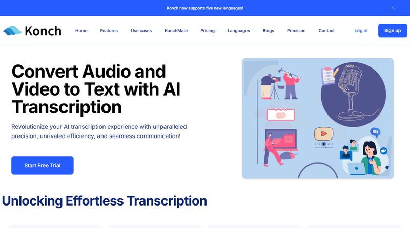 Konch提供AI驱动的转录和翻译服务，支持多种语言和格式的音频、视频文件转换。-SOAI.IM