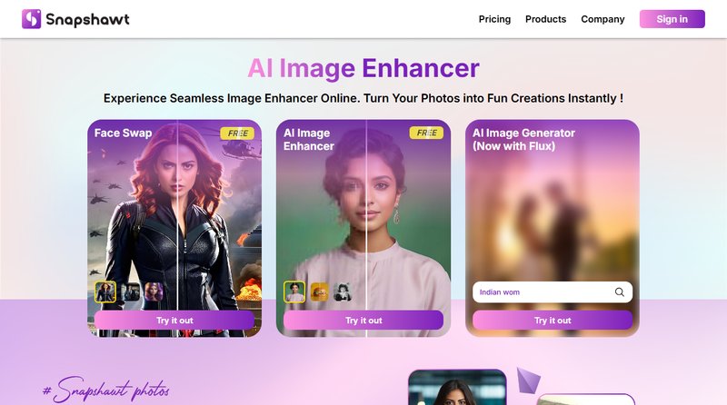 Snapshawt提供AI驱动的图像处理服务，包括人脸交换、图像增强和图像生成等功能。-SOAI.IM