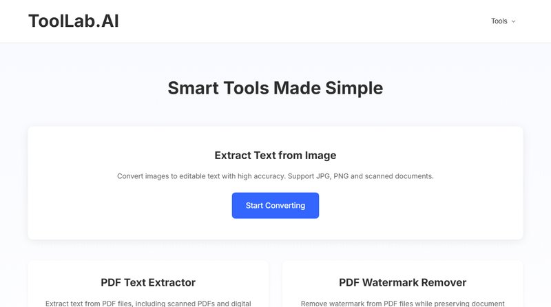 ToolLab.AI 提供多种智能工具，包括从图像和PDF中提取文本、去除PDF水印等功能，旨在简化日常任务。-SOAI.IM