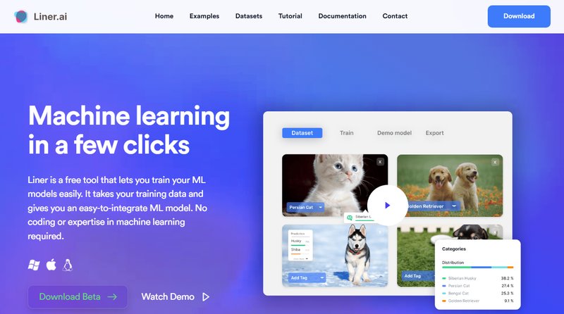 Liner.ai 是一个无需编写代码即可训练机器学习模型的免费工具，支持多种机器学习任务，如图像分类、文本分类等。-SOAI.IM