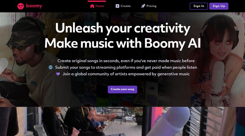 Boomy是一个利用人工智能生成音乐的创意平台，用户无需音乐制作经验即可快速创作原创歌曲，并有机会将作品提交至流媒体平台获取收益。-SOAI.IM