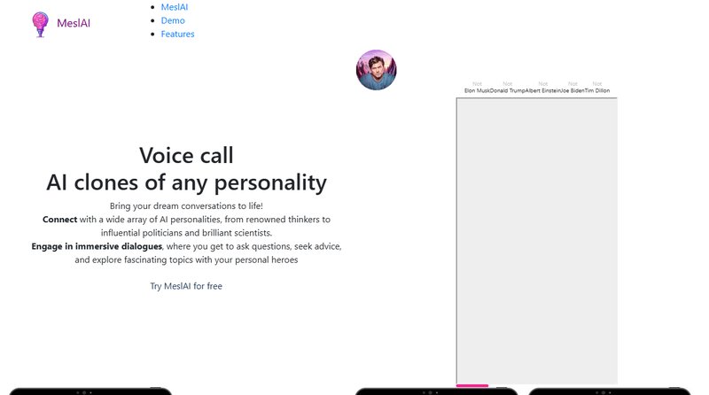 MeslAI提供与任何名人或历史人物的AI克隆进行语音通话的服务，让用户能够与这些人物进行沉浸式对话。-SOAI.IM