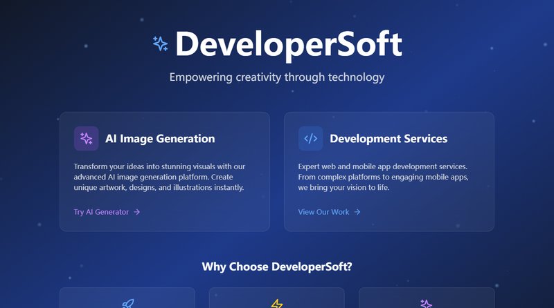 DeveloperSoft提供AI图像生成和开发服务，帮助用户将创意转化为视觉作品，并提供专业的网页和移动应用开发服务。-SOAI.IM