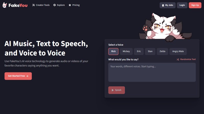 FakeYou是一个AI语音生成平台，允许用户生成名人语音的音频或视频。-SOAI.IM