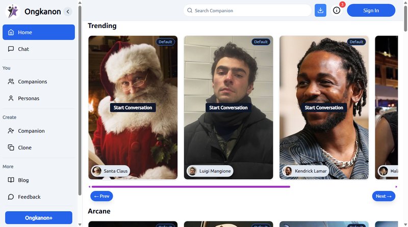 Ongkanon 是一个提供多种互动和娱乐服务的平台，包括对话、创意、游戏和工具等功能。-SOAI.IM