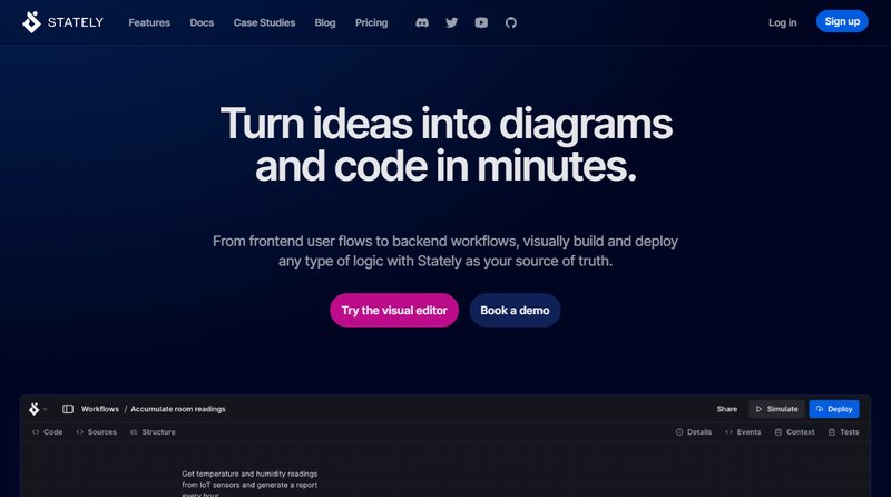 Stately 是一个帮助用户将复杂逻辑可视化和代码化的平台，支持从设计到部署的全流程。-SOAI.IM